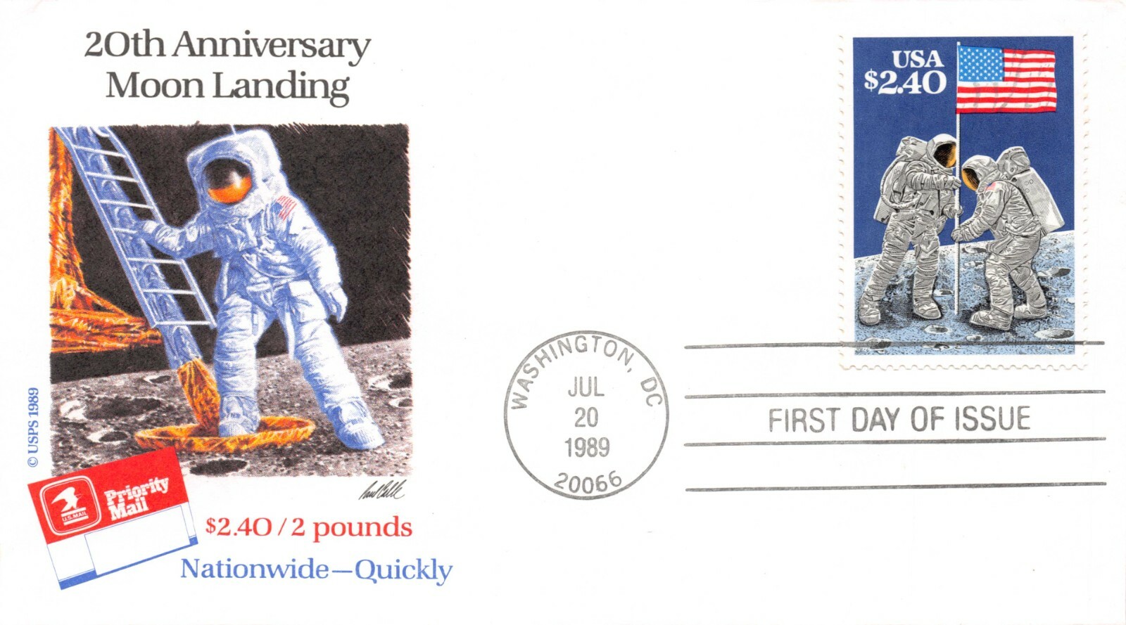 APOLLO 11 20TH ANNIV. MOON LANDING FDC USPS CACHET 7/20/89- $2.40 STAMP ...