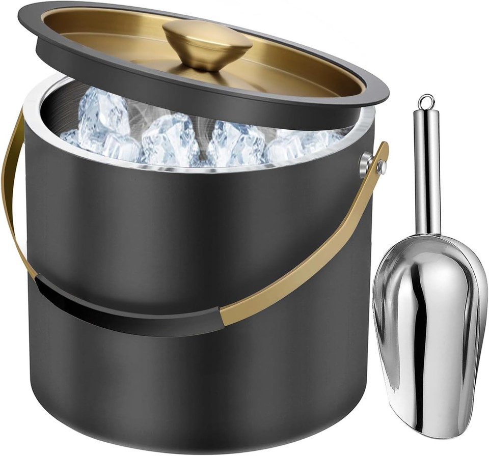 3.2L/3.4QT Stainless Steel Ice Bucket with Lid & Scoop, Elegant Double ...