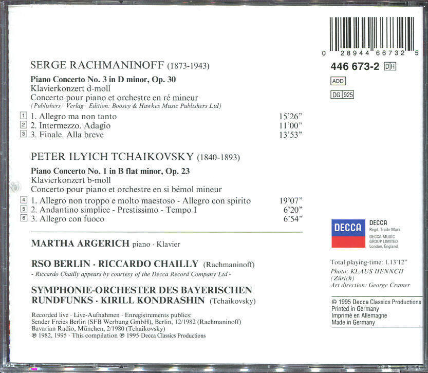 CD RACHMANINOF 3 TCHAIKOVSKY 1 CHAILLY KONDRASHIN ARGERICH DECCA 1995 ...