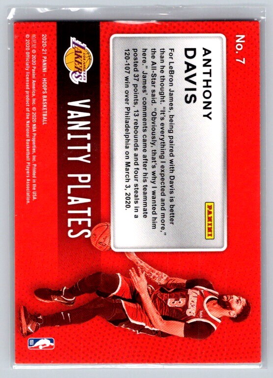 2020-21 Hoops #7 Anthony Davis Vanity Plates Los Angeles Lakers | eBay
