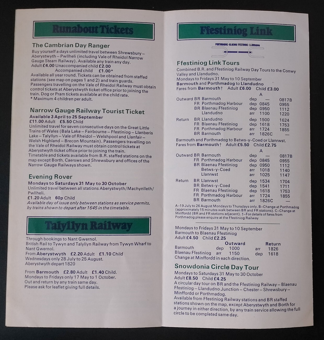 British Railway Vale of Rheidol Railway 1982 timetable Cambrian Coast ...