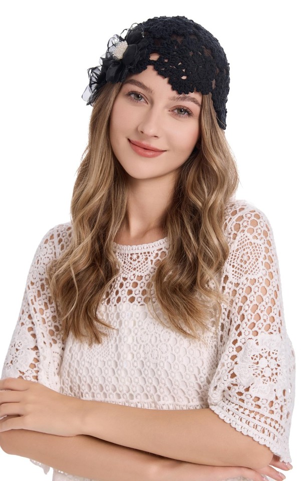 Women Cotton Crochet Skull Cap Handmade Knit Cutout Floral Beanie Hat ...