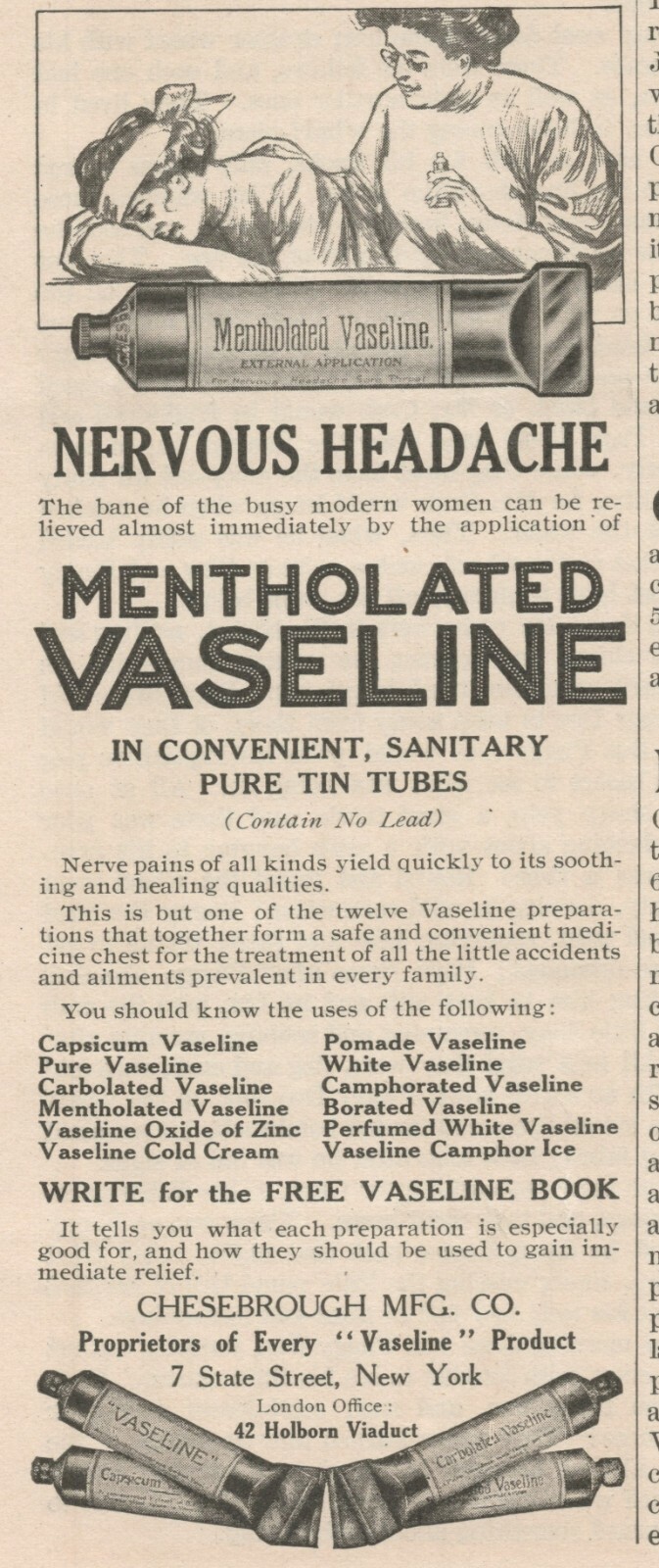 Vaseline Mentholated 1909 Nervous Headache Bane of Modern Women Vintage ...