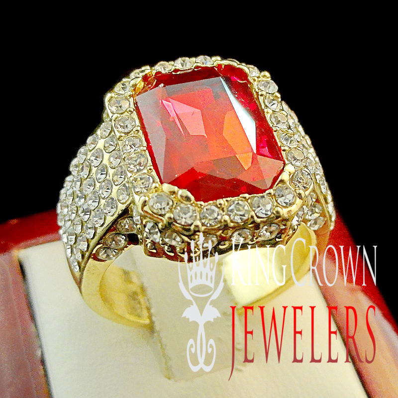 Mens 2 Chainz Emerald Cut Simulated Red Ruby Solitaire Rapper Pinky ...