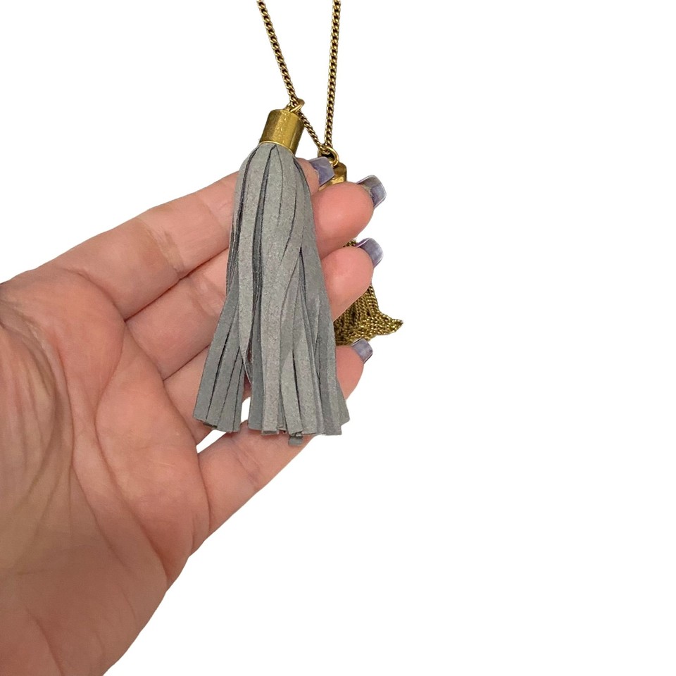 J. Crew Long Necklace Double Tassel Gold Tone Gray Faux Suede Gold Tone ...