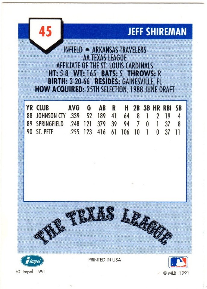 Jeff Shireman Autograph 1991 Line Drive Pre-Rookie AA Auto CARDINALS ...