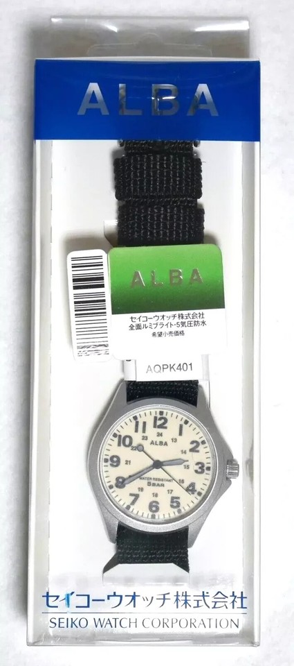 SEIKO ALBA Military Field Watch AQPK401 White Full Luminous Black Strap ...