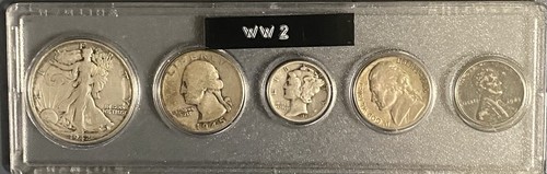 WWII Coin Set With 1942-S 50c, 1945 25c, 1941 10c, 1943-P 5c, 1943 Zinc ...
