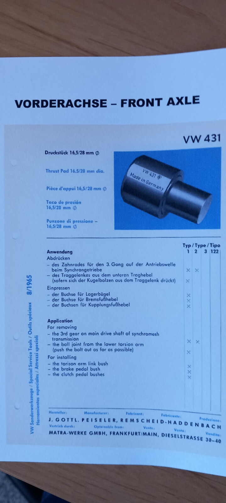 VW-Matra-Peiseler Spezialwerkzeuge in selbst dafür eingerichteter ...