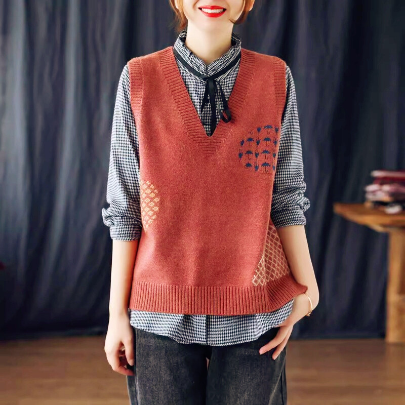 Lady Retro Knitted Vest Top V-neck Sleeveless Sweater Jacquard Pullover ...