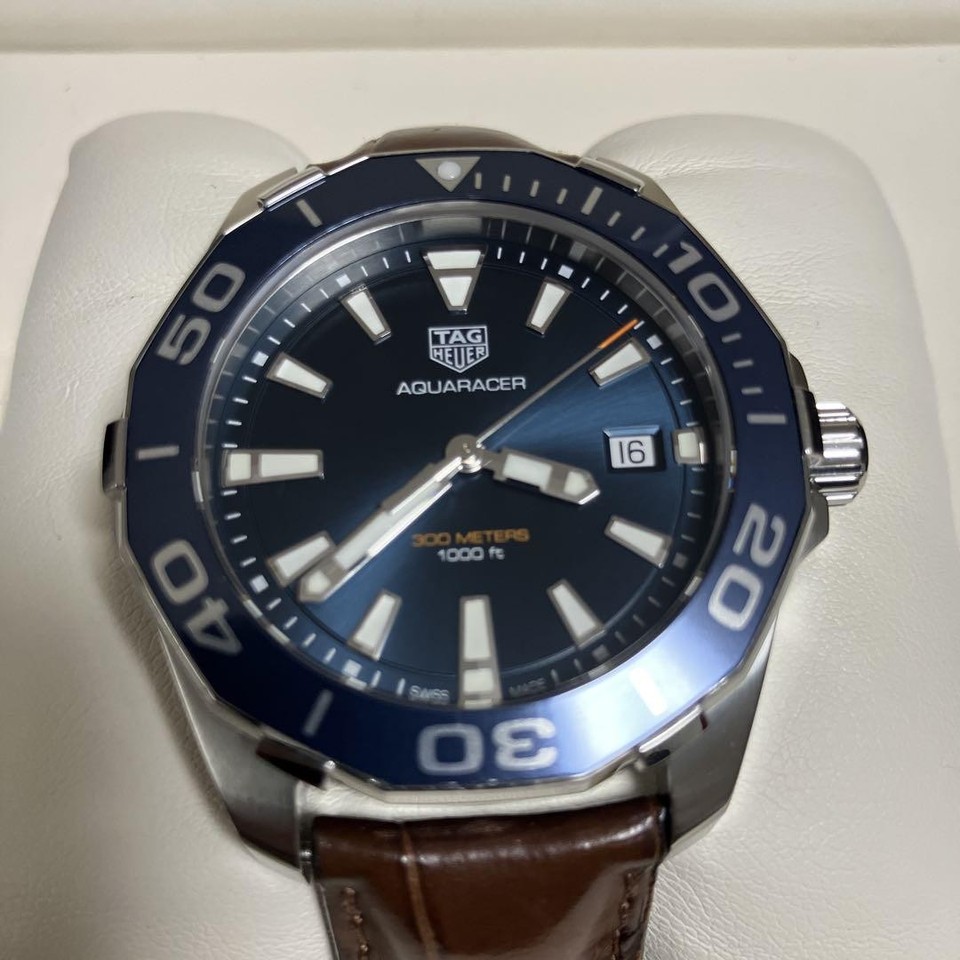TAG Heuer Aquaracer WAY111C Quartz 1.61in Blue Dial Brown Strap Box ...