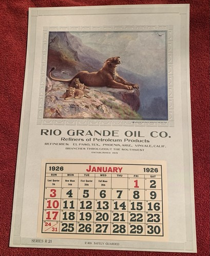 1926 Rio Grande Oil Co. Calendar Vinvale Ca. Phoenix Az. El Paso Tx. | eBay