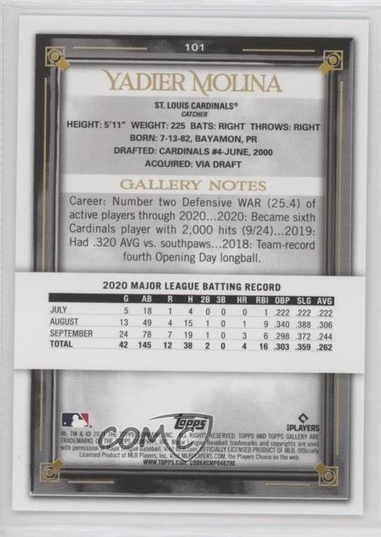 2021 Topps Gallery Printer Proof Yadier Molina #101 0p0 | eBay