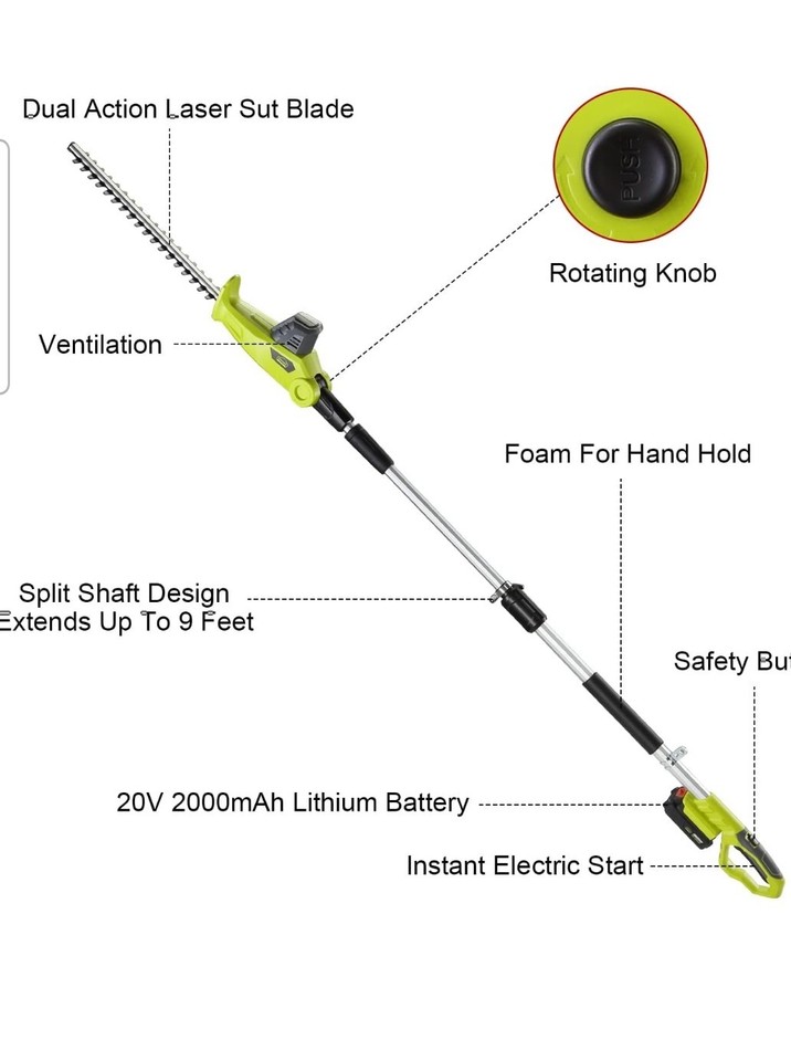Cordless Pole Hedge Trimmer, Telescopic Long Reach Extendable Cutter 1x ...