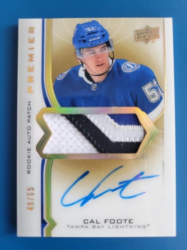 Cal Foote 2020-21 UD PREMIER ROOKIE RC PATCH AUTO #D 46/65 TAMPA BAY ...