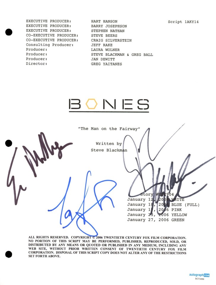BONES SIGNED PILOT EPISODE TV SCRIPT BY 4 CAST DAVID BOREANAZ w/ ACOA ...