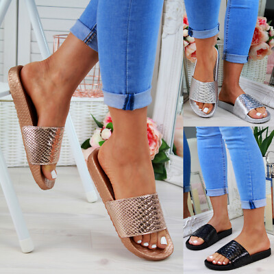 New Womens Flat Sliders Shiny Comfy Sandals Holiday Slip On Mules ...