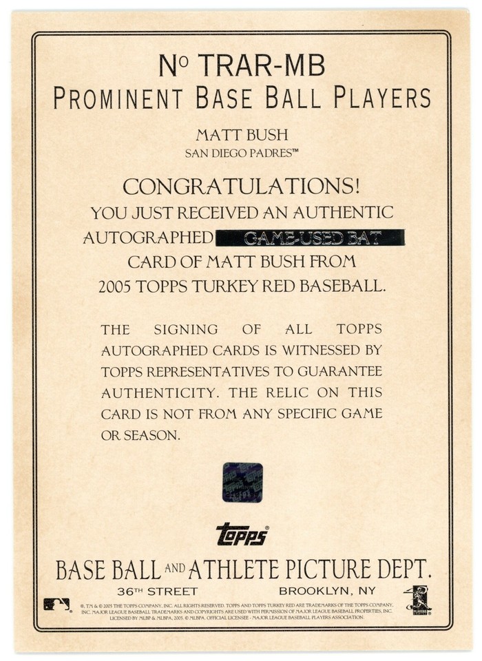 Matt Bush - 2005 Topps Turkey Red #TRAR-MB Cabinet Auto Bat Card #/450 ...