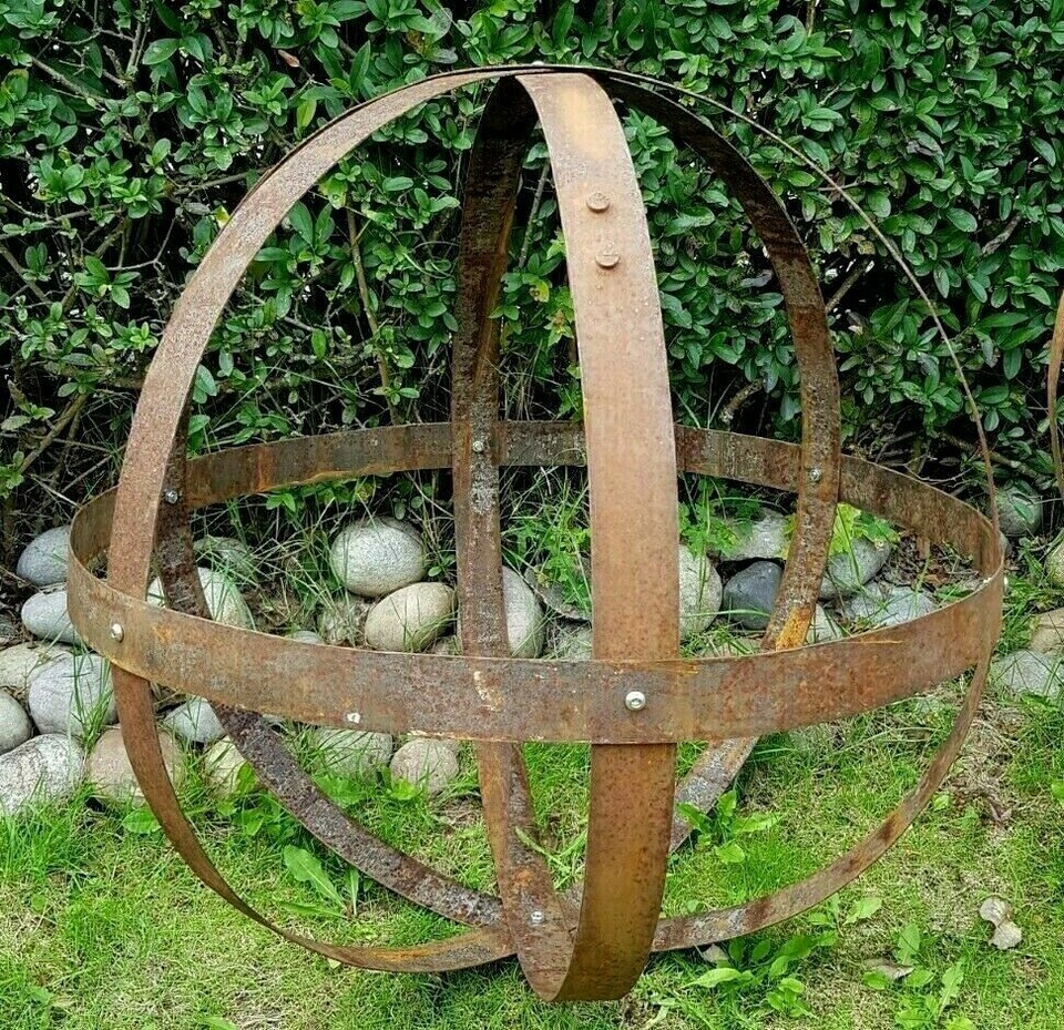 Garden Metal Sphere Sculpture Reclaimed Rusty Whisky Barrel hoop ring ...