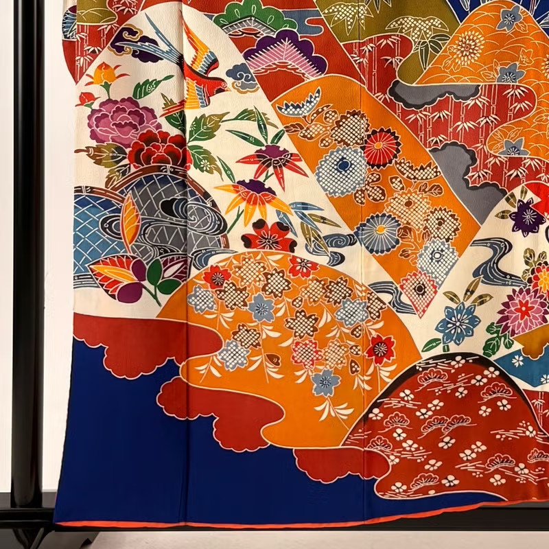 Japanese Furisode Silk Kimono S 157cm Blue Bird Shochikubai Chirimen ...