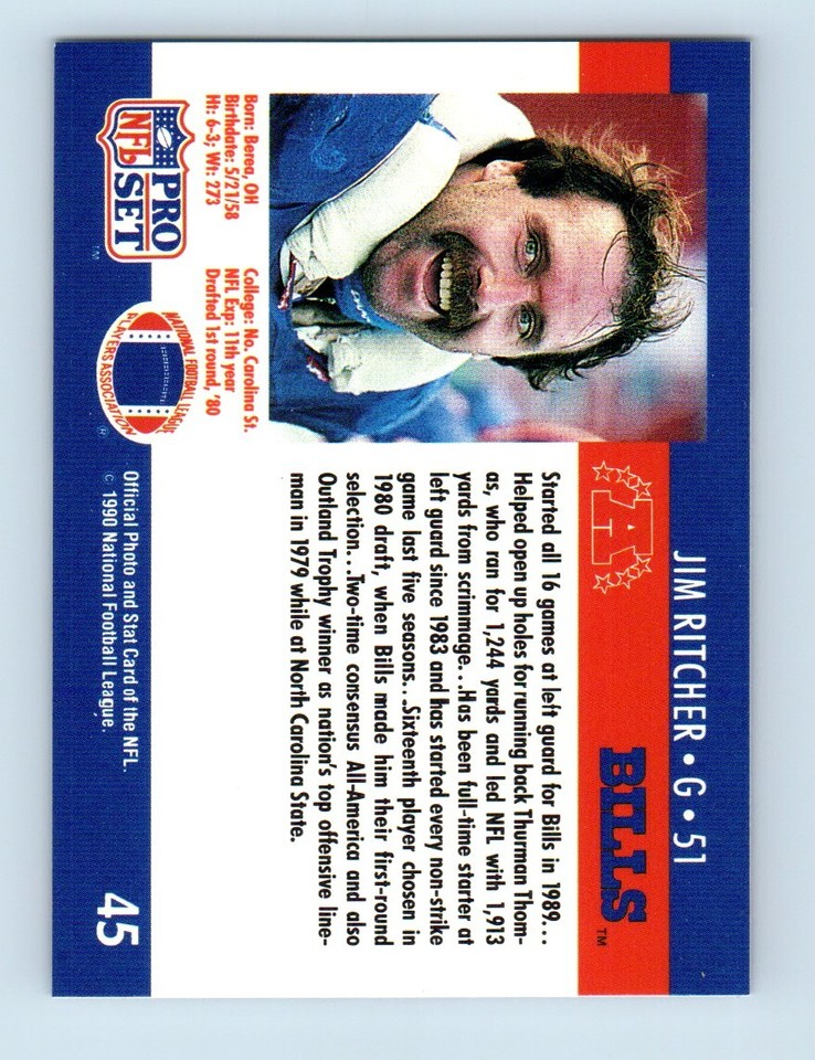 1990 Pro Set Jim Ritcher Rookie Buffalo Bills #45 | eBay