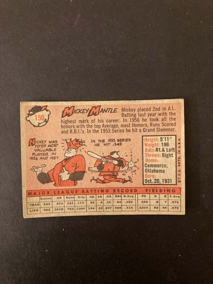 1958 Topps Set Break MICKEY MANTLE Baseball Card#150 New York Yankees ...