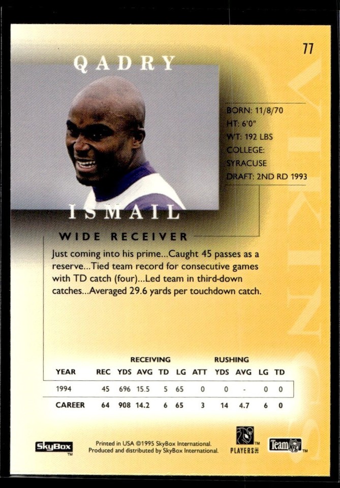 1995 SkyBox Premium Qadry Ismail Minnesota Vikings #77 | eBay