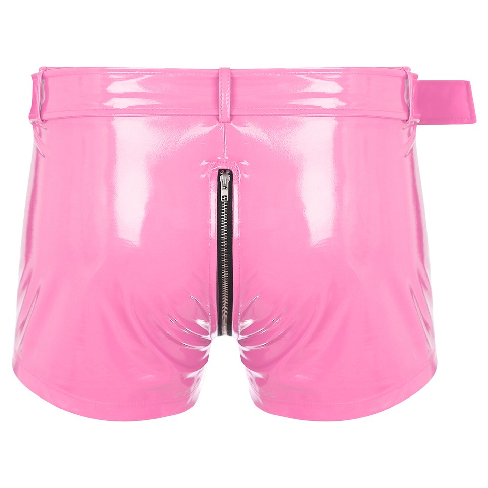 Mens Wetlook PVC Leather Shorts Bulge Pouch Boxer Briefs Trunk Zipper ...