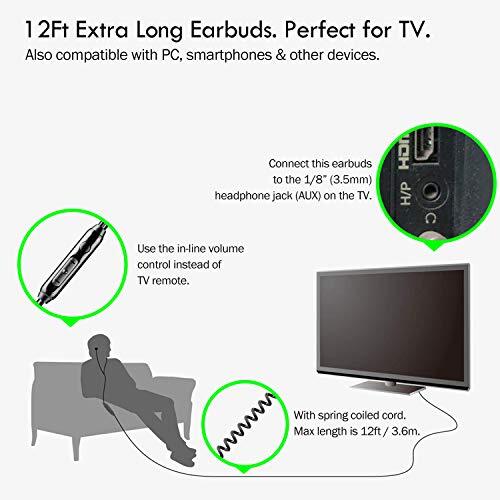 2021 Updated Extra Long Earbuds for TV & PC with 12FT Spring Coiled ...