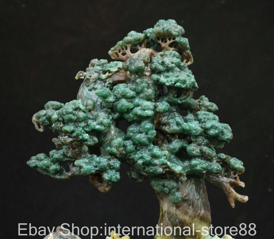 12.8" Chinese Natural Dushan Jade Carving Pine Tree Bridge House ...