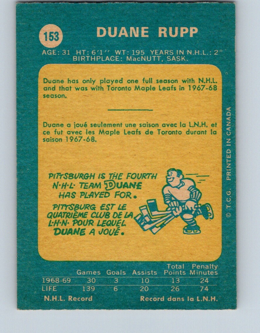 VINTAGE HOCKEY CARD OPC 1969 PITTSBURGH PENGUINS DUANE RUPP NO1215 ...