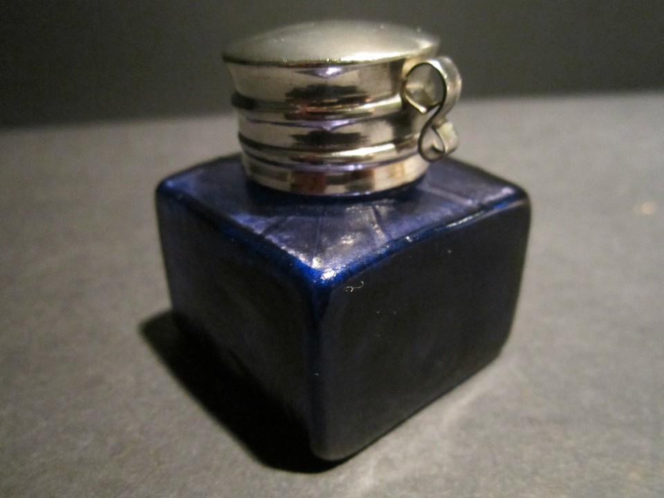 Antique Style Solid Thick Glass Square Cobalt Blue Inkwell Ink pot ...