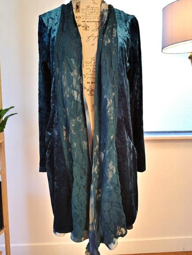 Indigo Thread Co. Medium Teal Blue Velvet Burnout Open Front Cardigan ...
