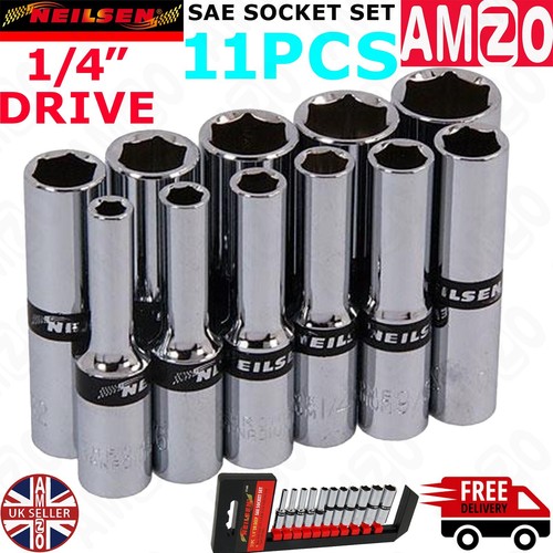 1/4" Drive Deep Socket Set SAE AF 11pc Imperial 6pt Chrome Vanadium ...