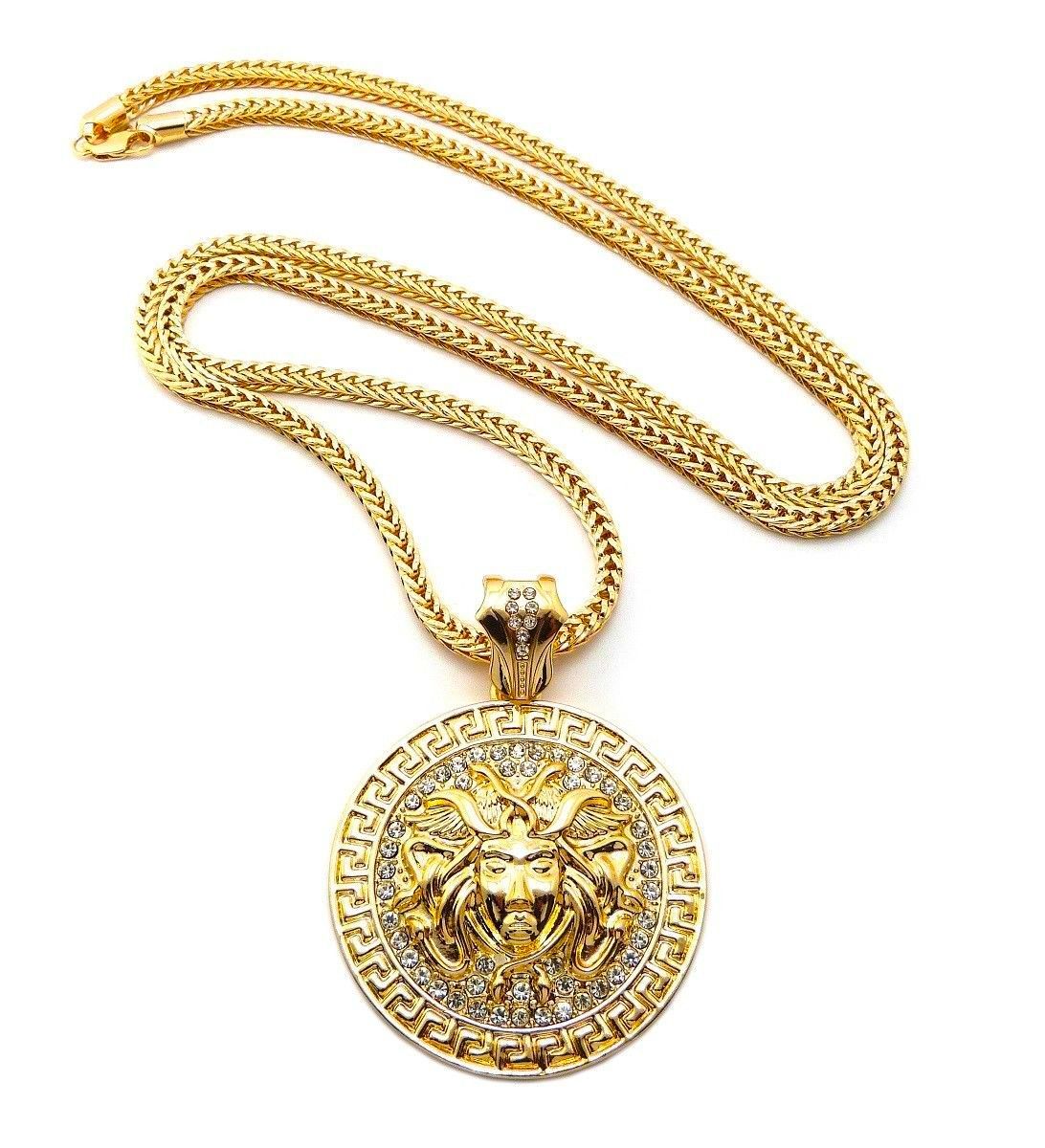 NEW MENS RAPPERS ROUND MEDALLION GREEK GOD PENDANT GOLD FRANCO CHAIN ...