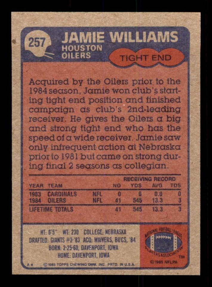 1985 Topps Football #257 Jamie Williams Signed Autograph (no COA) | eBay