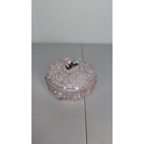 Fenton Art Glass Powder Jar/Trinket Box, pink opalescent floral design ...