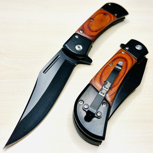 8.75”Wood Black Tactical Spring Assisted Open Blade Folding Pocket ...
