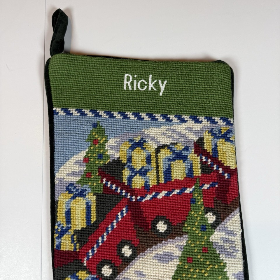 Lands’ End Wool Needlepoint Christmas Stocking Train Embroidered ...