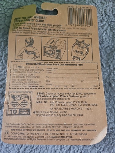 1989-90 Hot Wheels Speed Points Blue Card 154 '59 CADILLAC Pearl White ...