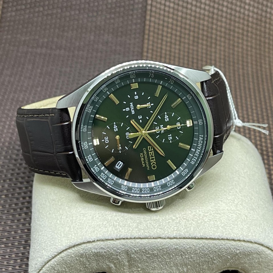 Seiko SSB385P1 Chronograph Green Analog Brown Leather Quartz Men's ...