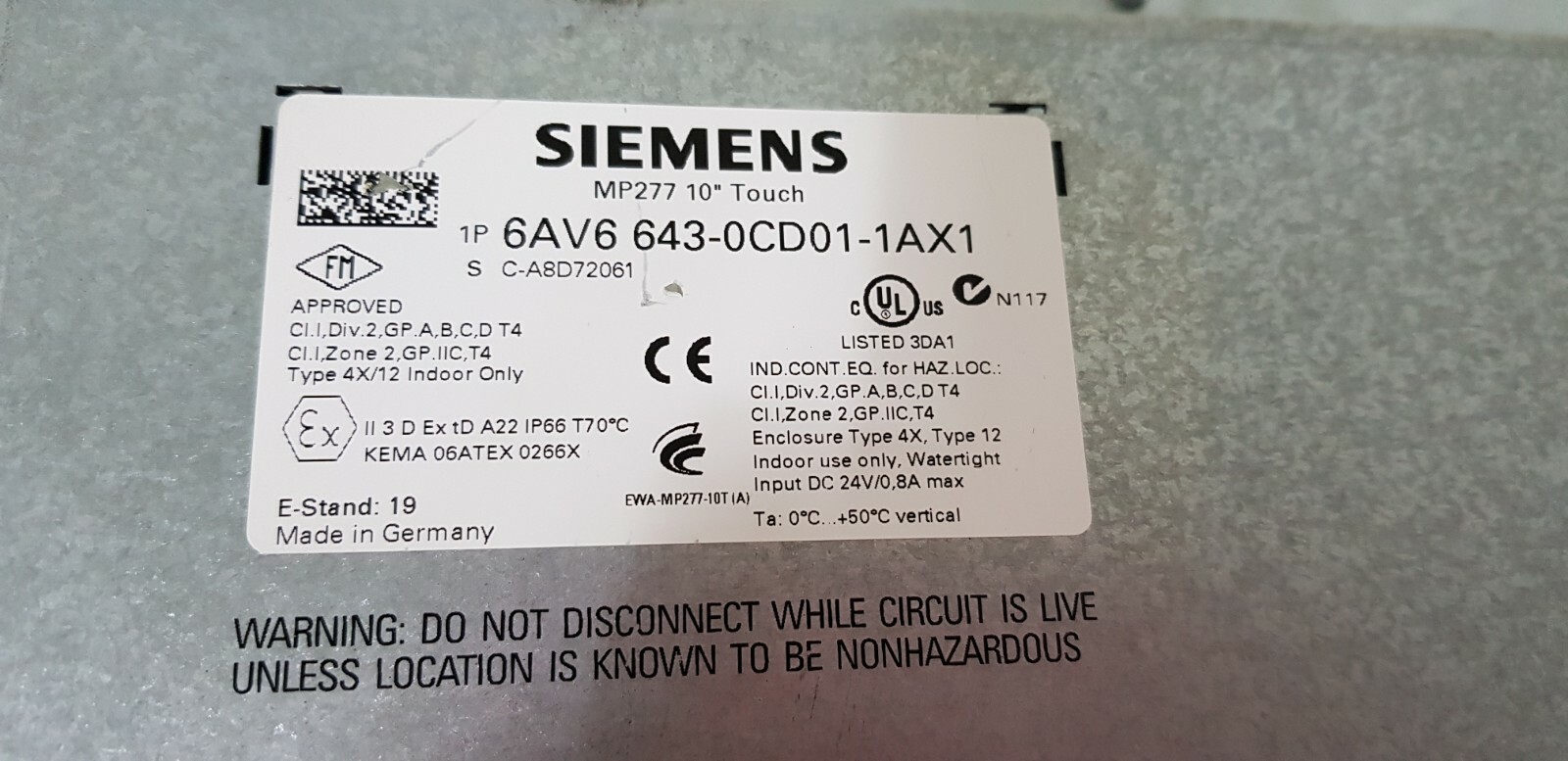 SIEMENS MP277 10" TOUCH,SIMATIC MULTI PANEL 6AV6 643-0CD01-1AX1 WORKING ...