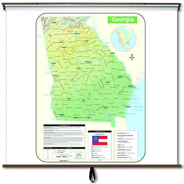 Georgia Large Scale Shaded Relief Wall Map on Roller with Backboard | eBay