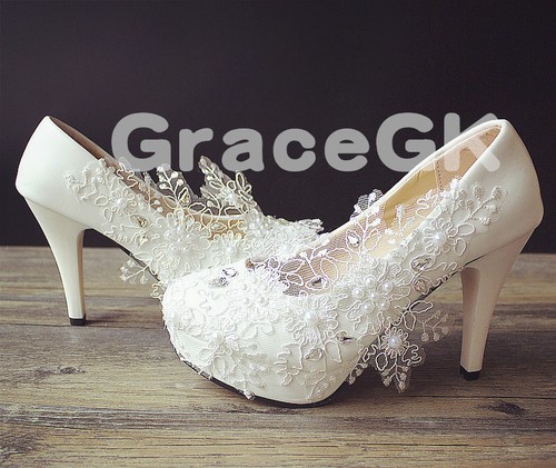 Snowflake white ivory Wedding Bridal shoes flats low high heel pump ...