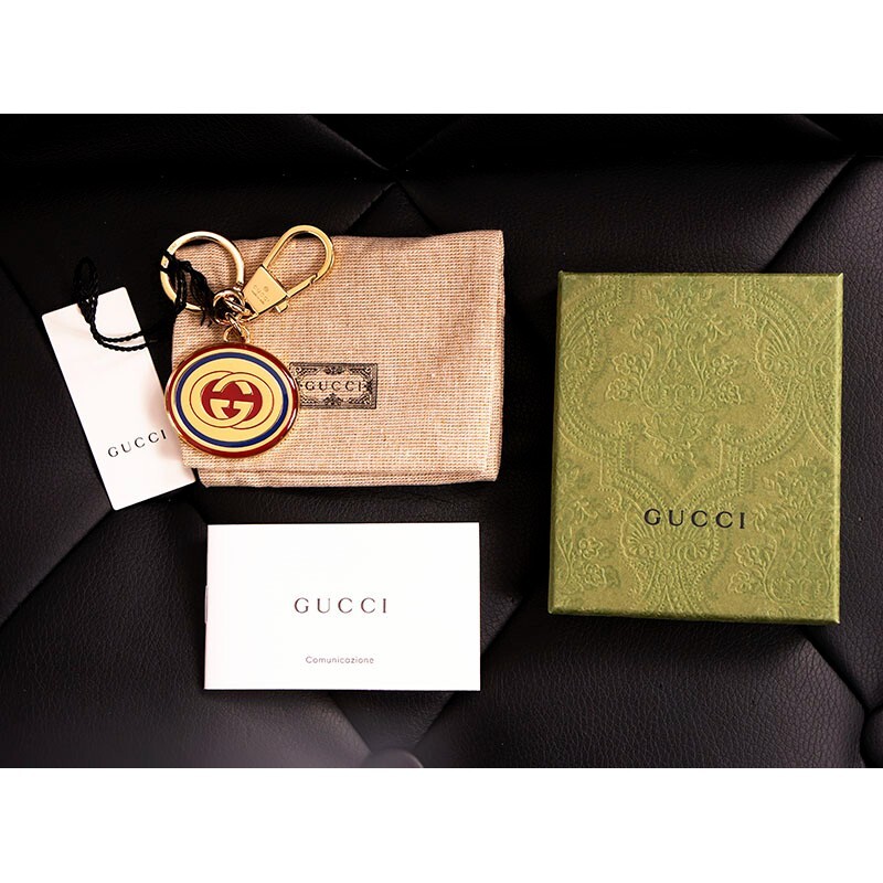 NEW $495 GUCCI Gold Tone Brass Interlocking GG LOGO Red/Blue Enamel ...