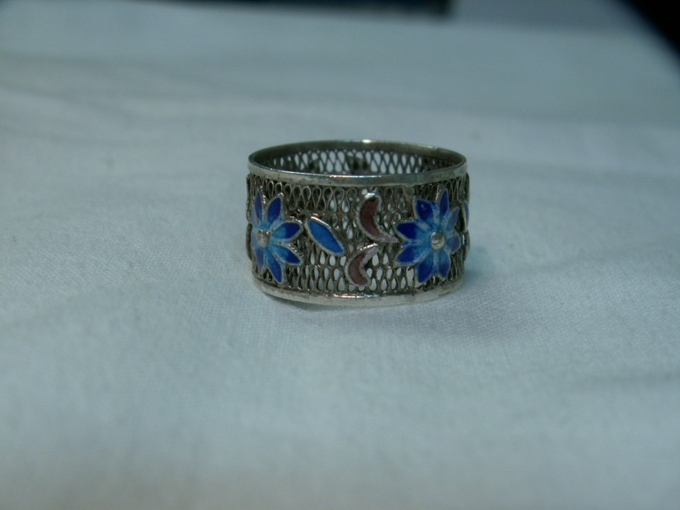 Wide Sterling Silver Filigree, Enamel Flowers & Leaves Band Ring | eBay UK