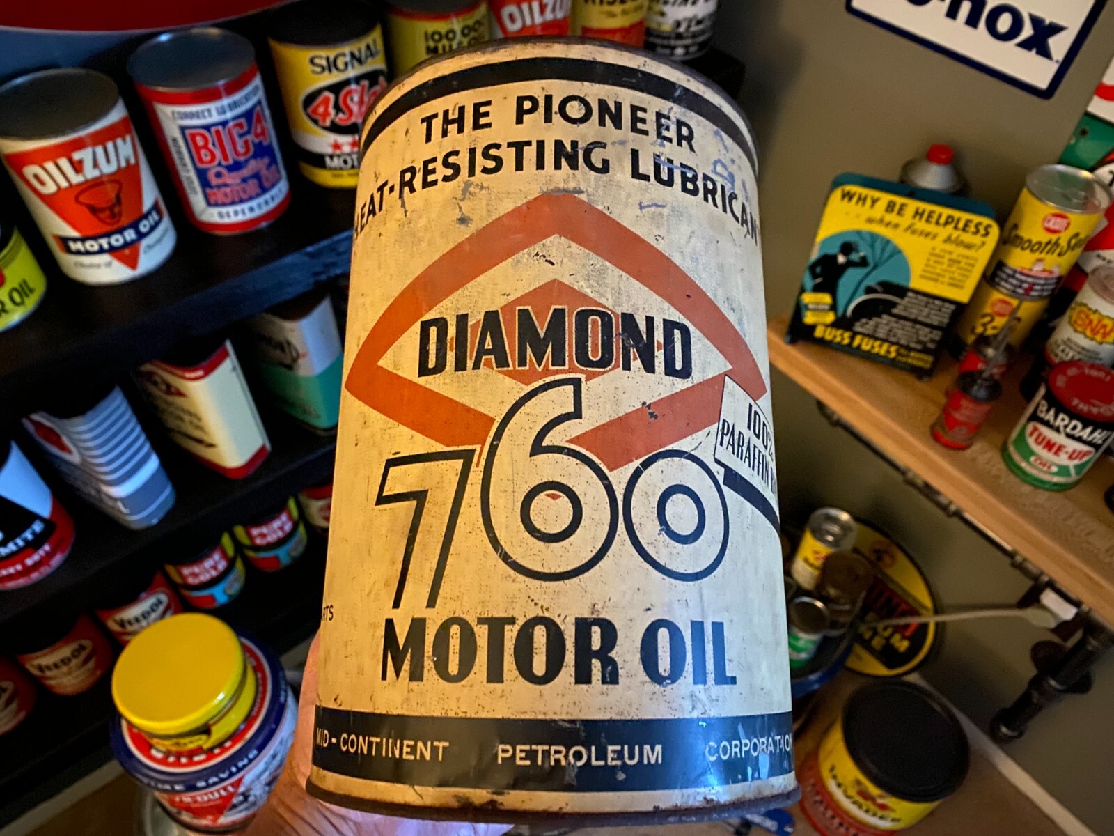 VINTAGE~ DIAMOND 760~ 5 QUART MOTOR OIL CAN~ MID-CONTINENT PETROLEUM CO ...
