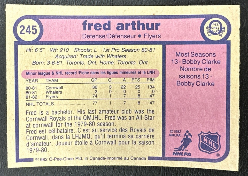 1982-83 O-Pee-Chee OPC Hockey - #245 Fred Arthur RC - Philadelphia ...