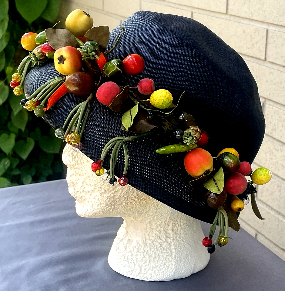 Women’s Schiaparelli Navy Cloche Style Hat w/ Fruits In Hat Box | eBay