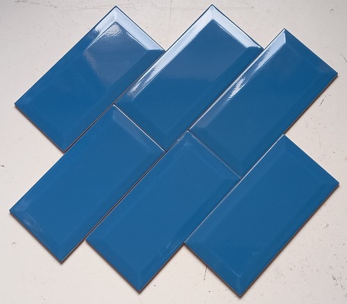 6 MID BLUE/DARK TURQUOISE GLOSSY BEVELED EDGE WALL TILES - 10cm x 20cm ...